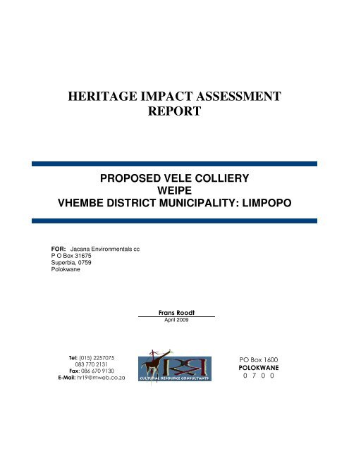 heritage impact assessment report proposed vele colliery ... - SAHRA