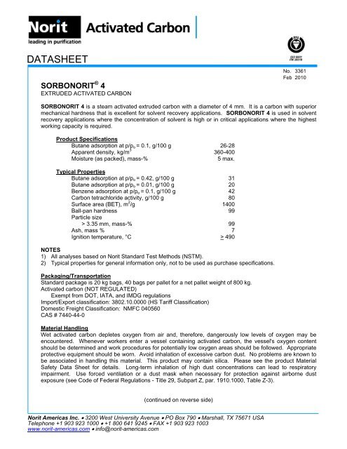 SORBONORIT ® 4 Datasheet - Cabot Norit Activated Carbon