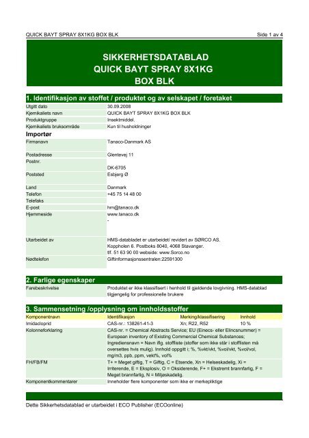 sikkerhetsdatablad quick bayt spray 8x1kg box blk - Produs