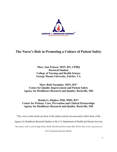 The Nurse's Role in Promoting a Culture of Patient Safety - FMQAI