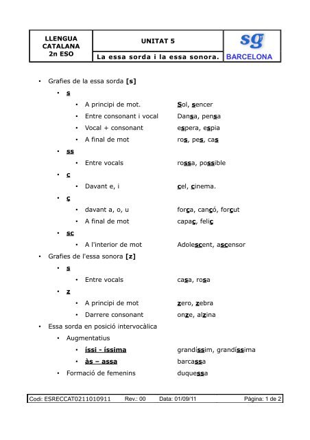 LLENGUA CATALANA 2n ESO UNITAT 5 La essa sorda i la essa ...