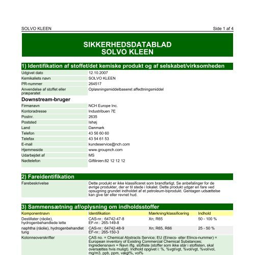 sikkerhedsdatablad solvo kleen - NCH Europe Inc., Danmark