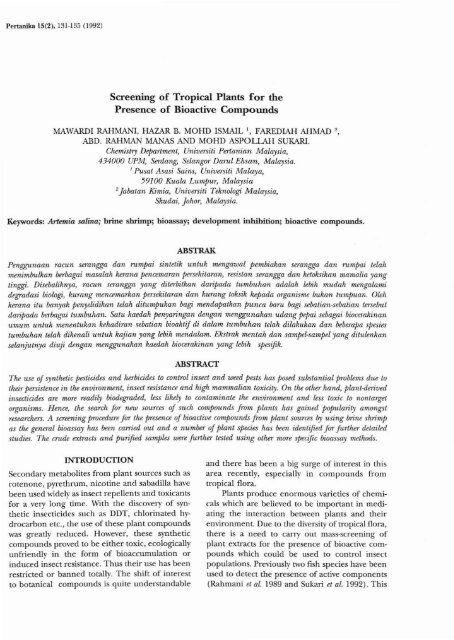 Screening of Tropical Plants for the Presence of Bioactive Compounds