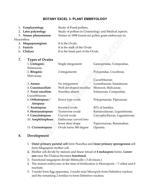 BOTANY EXCEL 3 - Plant Embryology - dmohankumar.com