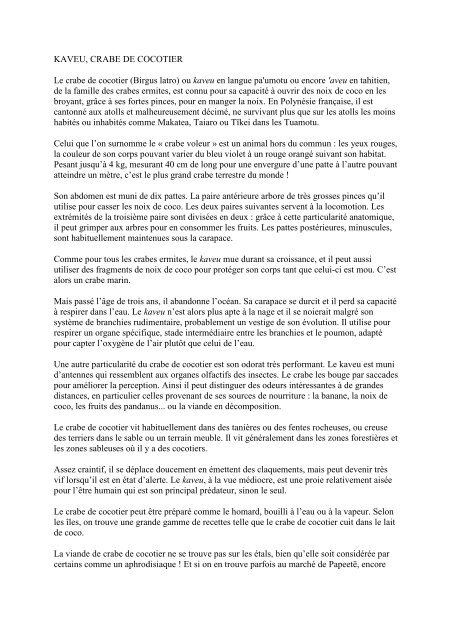 KAVEU, CRABE DE COCOTIER Le crabe de cocotier (Birgus latro ...