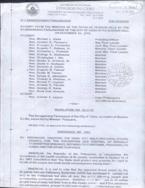City of Cebu: Resolution No. 02-2140 and Ordinance No. 1952