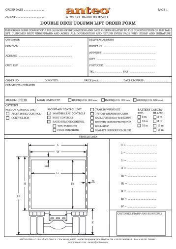 DOUBLE DECK COLUMN LIFT ORDER FORM - Anteo S.p.a.