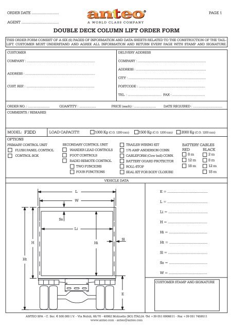 DOUBLE DECK COLUMN LIFT ORDER FORM - Elevation System