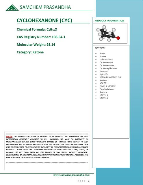 CYCLOHEXANONE (CYC) - PT. Samchem Prasandha