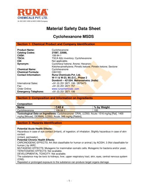 Cyclohexanone - Runa Chemicals Pvt Ltd