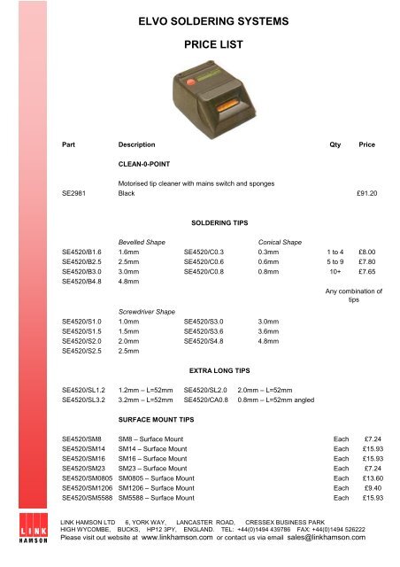 ELVO SOLDERING SYSTEMS PRICE LIST - Link Hamson