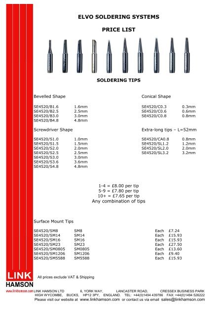 ELVO SOLDERING SYSTEMS PRICE LIST - Link Hamson