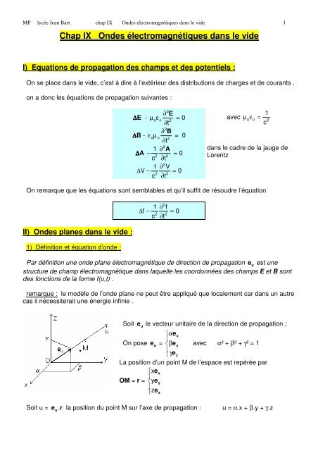 Onde électromagnétique plane dans le vide - Jean Bart