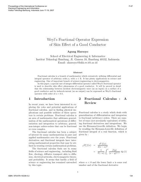 Weyl's Fractional Operator Expression of Skin Effect of a Good ...