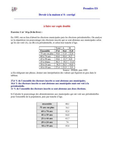 Première ES Devoir à la maison n°4 : corrigé à faire sur c - Profmath55