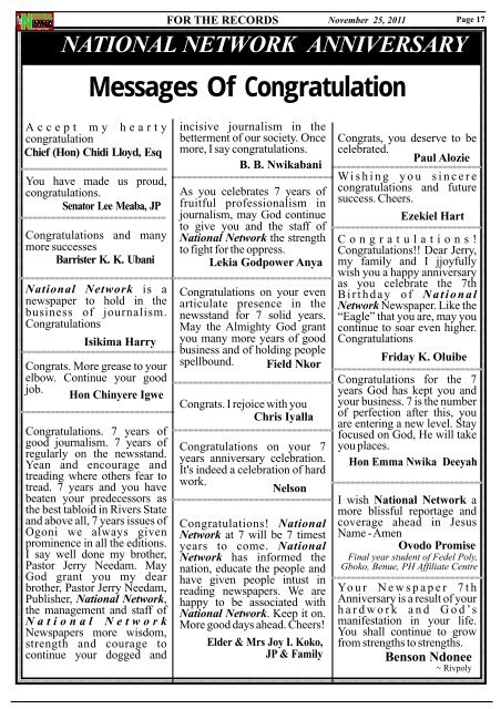 Messages Of Congratulation - National Network Newspapers