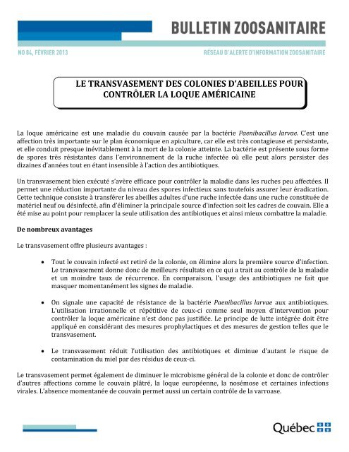 Le transvasement des colonies d'abeilles pour contrôler la ... - MAPAQ