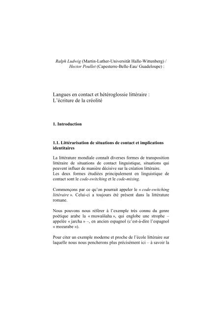 Langues en contact et hétéroglossie littéraire : L'écriture de la créolité