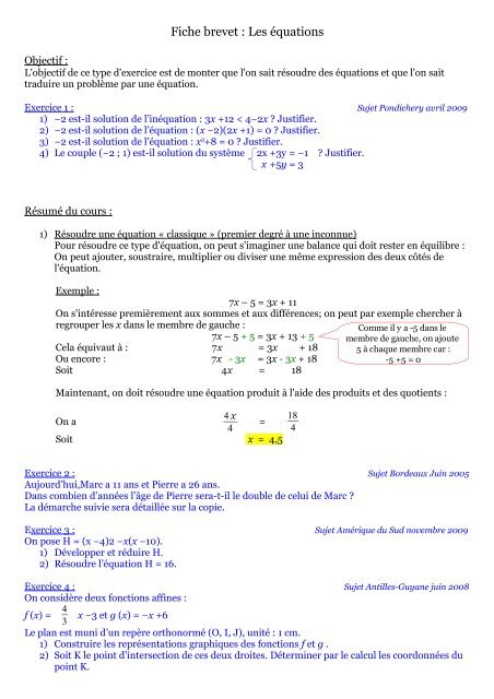 Fiche brevet : Les équations - Collège Fontaines Bouillantes