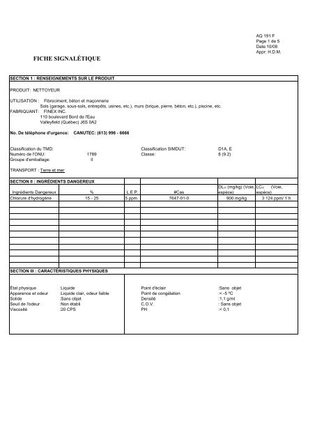 MSDS - Panneaux de fibrociment et produits de finition Finex
