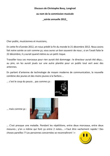 Discours de Christophe Bovy, Longirod au nom ... - Fanfare de Gimel