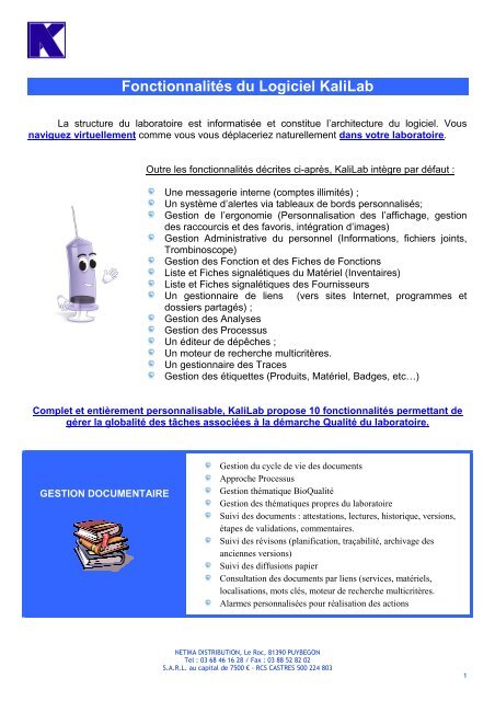 Présentation des fonctionnalités du Logiciel KaliLab.Netika Présentation des fonctionnalités du Logiciel KaliLab.Netika