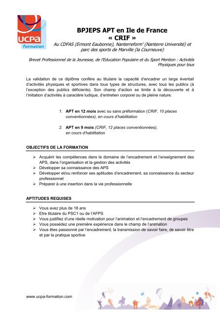 Dans le cadre d une préparation au BPJEPS «Activités Physiques pour Tous» en contrat de ...