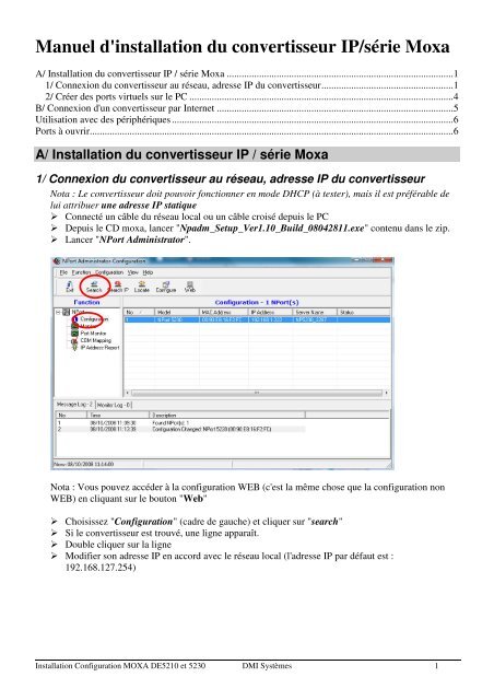 Manuel d'installation du convertisseur IP/série Moxa - Dmi-systèmes.fr
