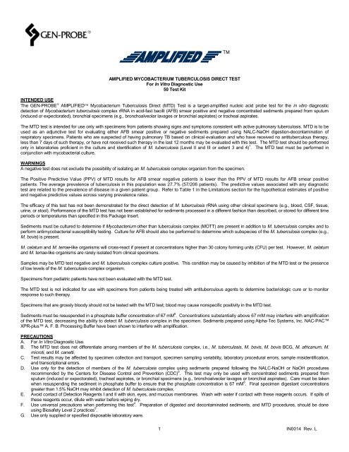 amplified mycobacterium tuberculosis direct test - Gen-Probe, Inc.