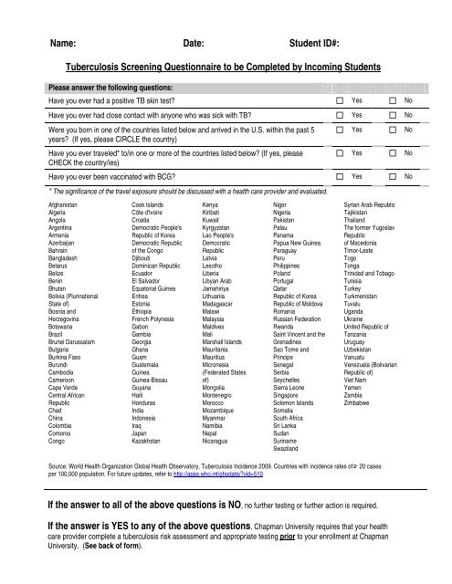 Tuberculosis Screening Questionnaire - Chapman University