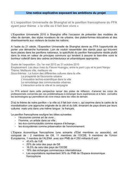 Une notice explicative exposant les ambitions du projet I) L ...