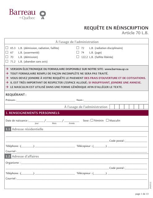 formulaire régulier de requête en réinscription - Barreau du Québec