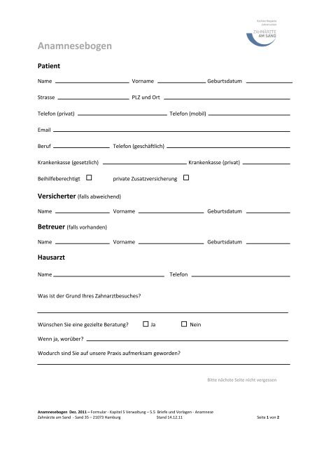 Anamnesebogen auszudrucken (PDF) - Zahnärzte am Sand