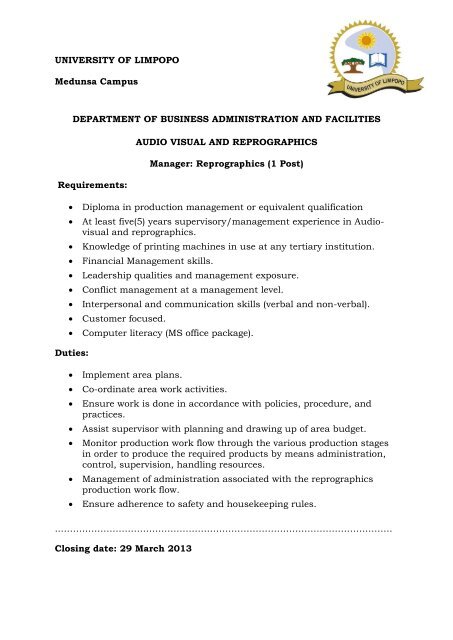 UNIVERSITY OF LIMPOPO Medunsa Campus DEPARTMENT OF ...