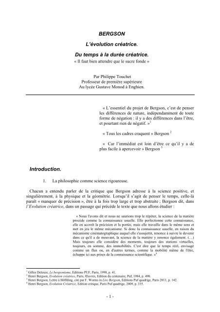 BERGSON L'évolution créatrice. Du temps à la durée créatrice ...