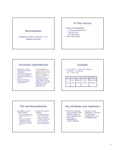 Normalisation In This Lecture Functional Dependencies Example ...