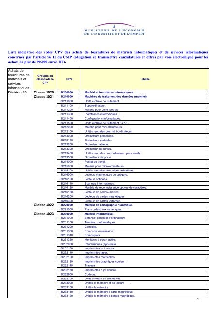 Liste indicative des codes CPV des achats de ... - economie.gouv