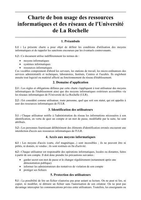 Charte de bon usage des ressources informatiques et des réseaux ...