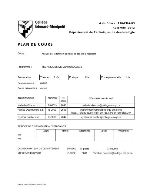 PLAN DE COURS - Collège Édouard-Montpetit
