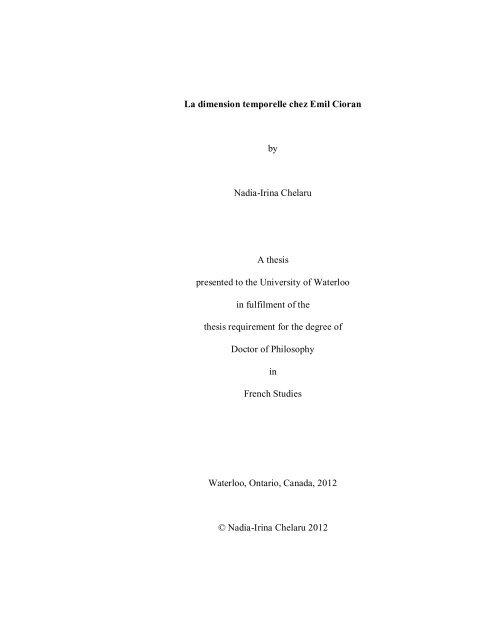 La dimension temporelle chez Emil Cioran by Nadia-Irina Chelaru A ...