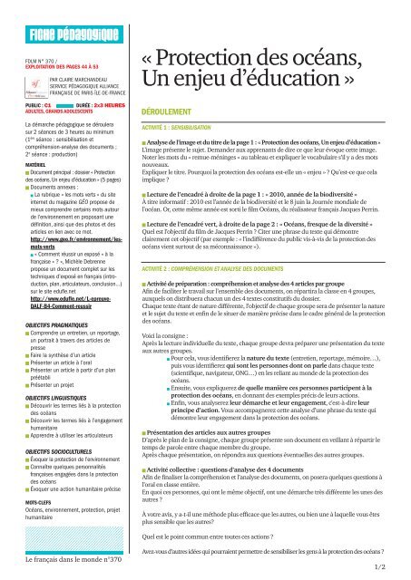 « Protection des océans, Un enjeu d'éducation » - Le français dans ...