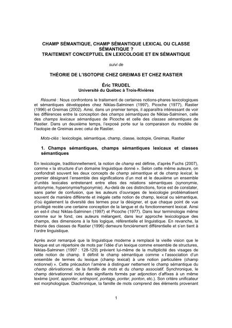 champ sémantique, champ sémantique lexical ou classe ... - Texto