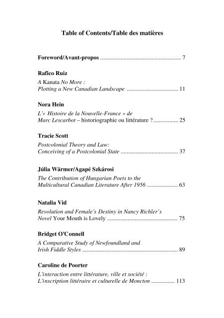 Table of Contents/Table des matières - de l'Université libre de ...