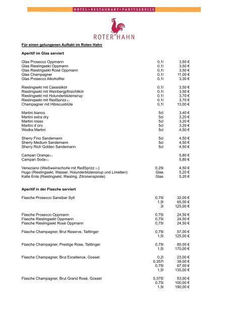 Getränkekarte - Roter Hahn