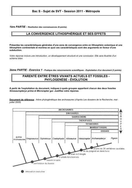 Bac S - Sujet de SVT - Session 2011 - Métropole LA ... - Master Class