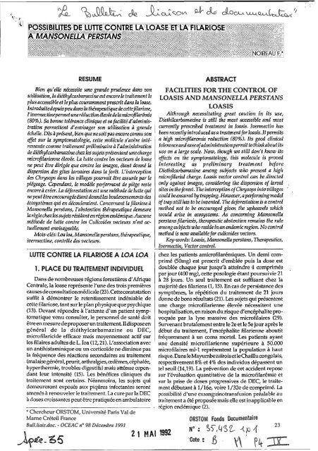 Possibilités de lutte contre la loase et la filariose à Mansonella ...
