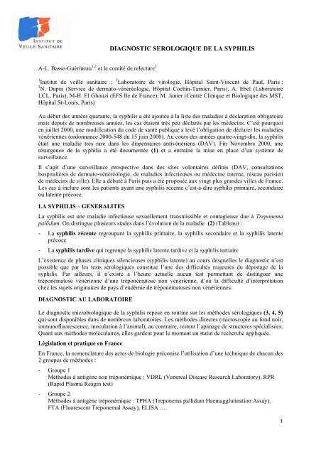 diagnostic serologique de la syphilis - Institut de veille sanitaire