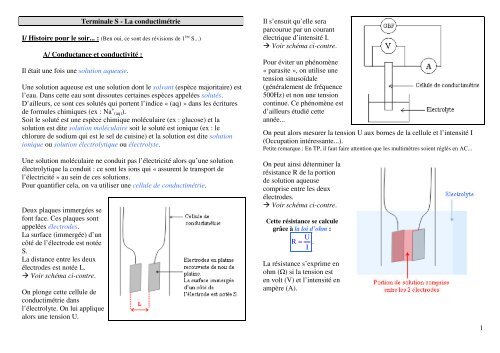 1 Terminale S - La conductimétrie A/ Conductance et conductivité : Il ...