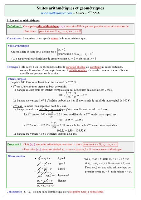 Cours de maths - 1ère ES-L - Suites arithmétiques et géométriques