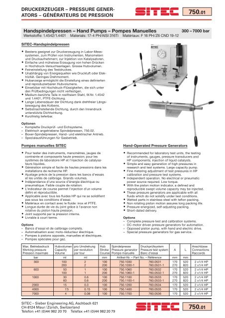 Handspindelpressen – Hand Pumps – Pompes Manuelles